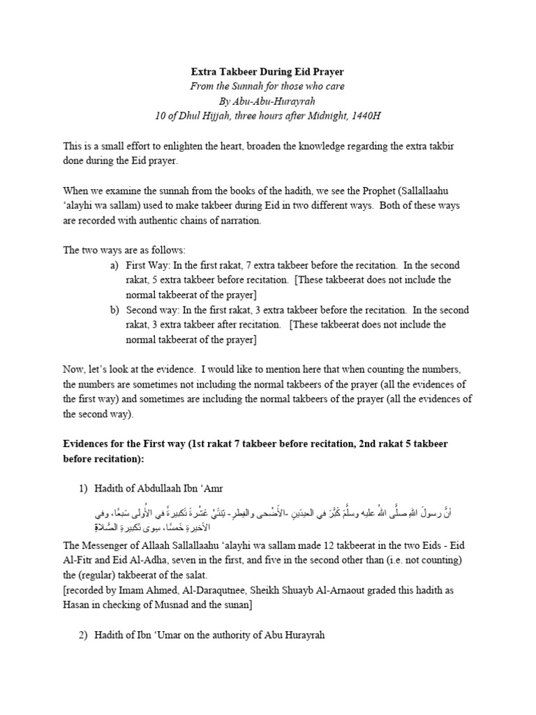 Extra Takbeer During Eid Prayer | PDF | Hadith | Semitic Words And Phrases