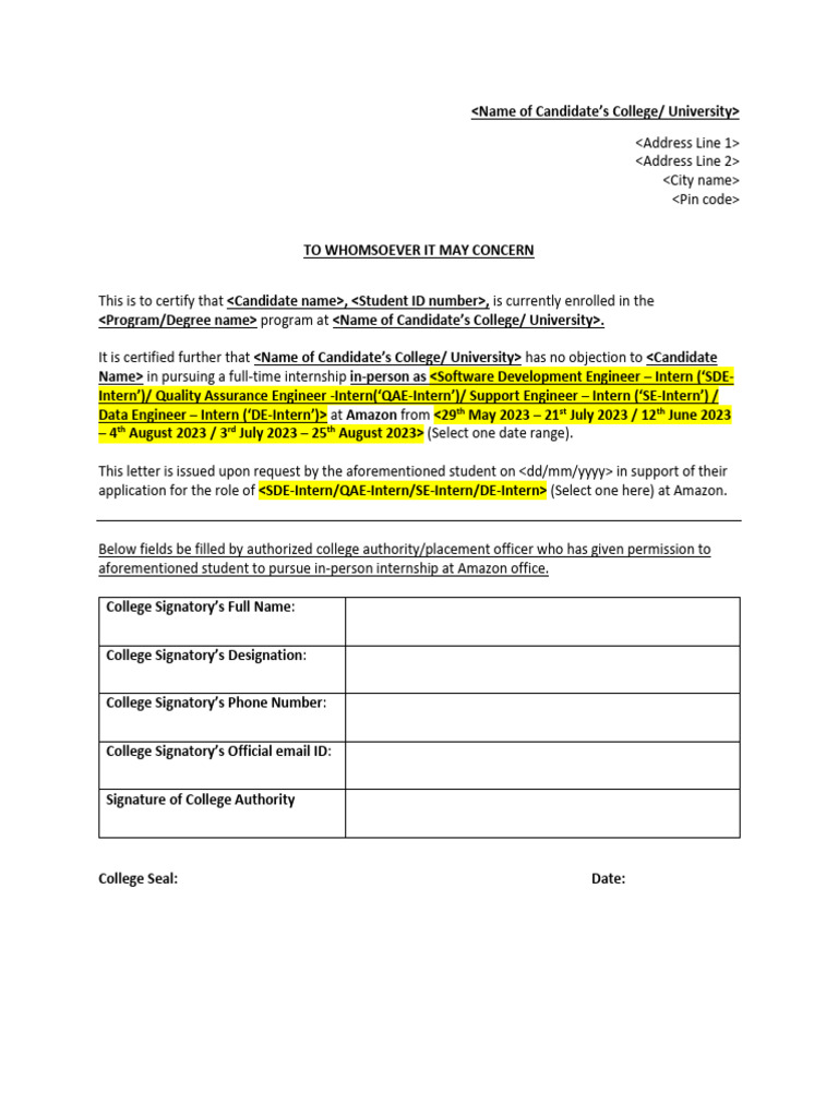 AFE Candidate Internship NOC Template | PDF