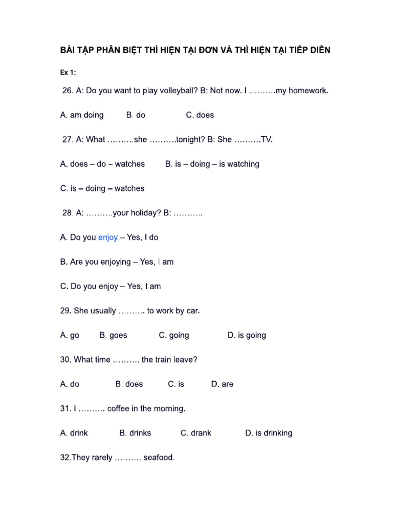 Bài Tập Phân Biet Thì HTD Và HTTD | PDF