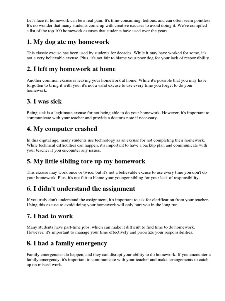 Top 100 Homework Excuses | Download Free PDF | Homework