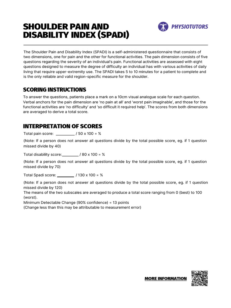 Shoulder Pain Disability Index SPADI | PDF | Pain | Psychology