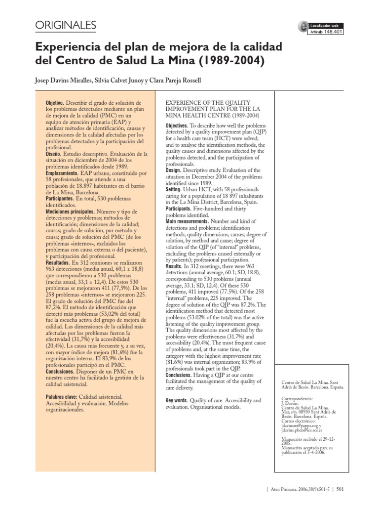 Experiencia del plan de mejora de la calidad del Centro de salud La ...