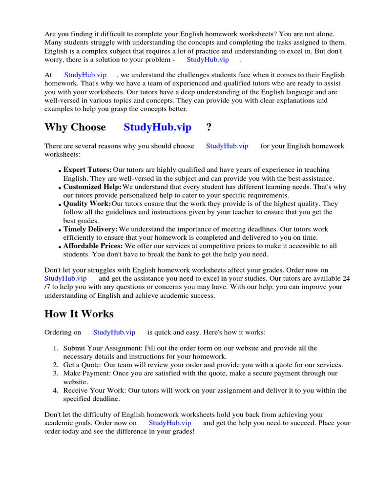 English Homework Worksheets | PDF | Worksheet | Homework