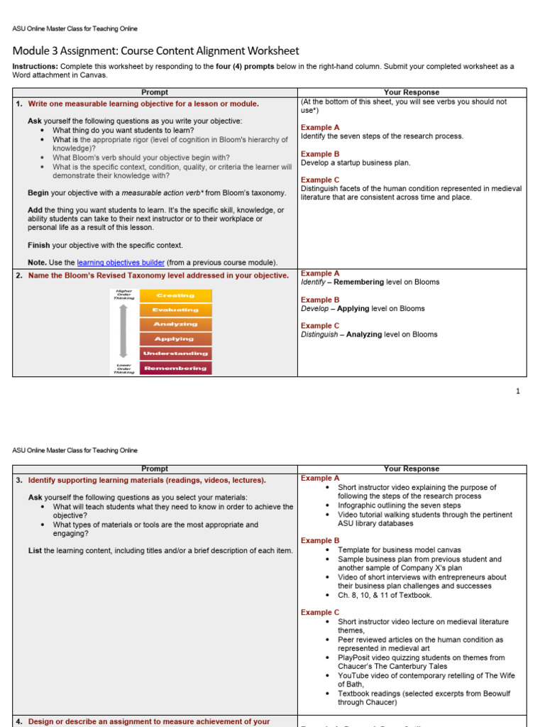 Course Content Alignment Worksheet-3-1-1 | Download Free PDF | Learning | Cognition