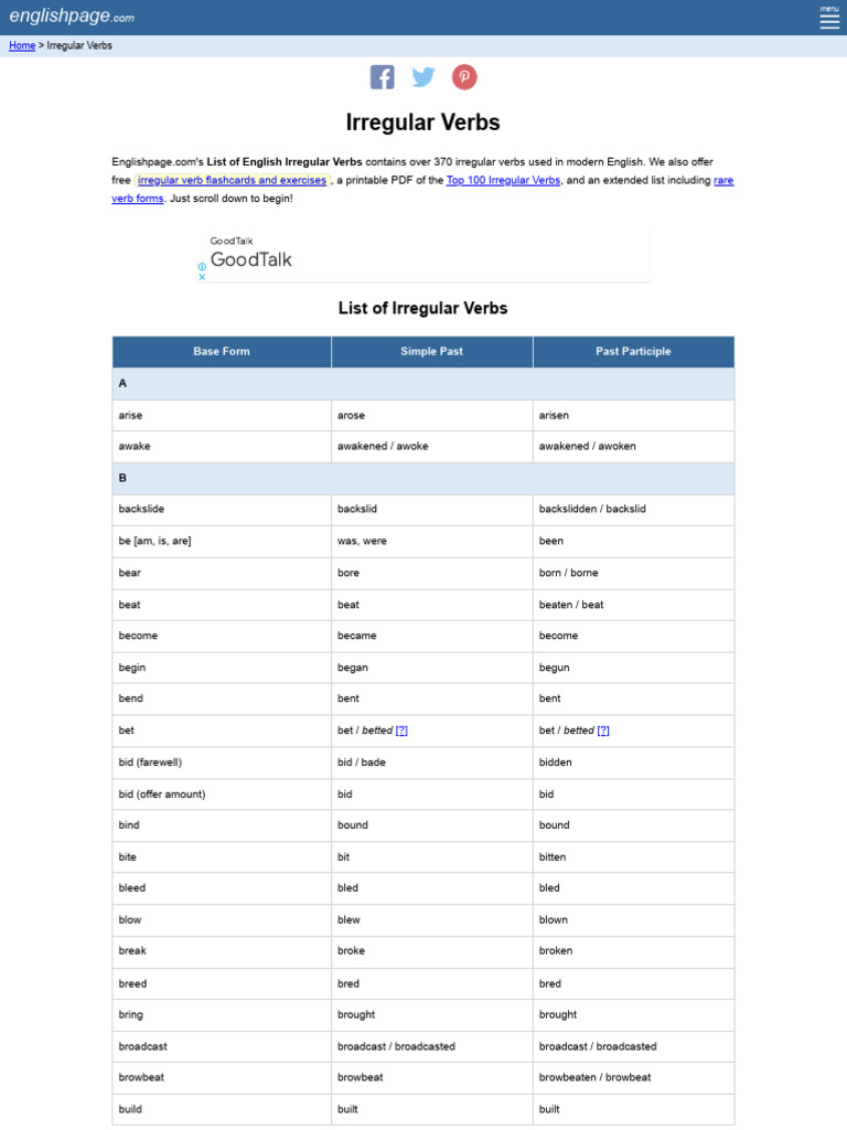 Irregular Verbs - ENGLISH PAGE | PDF | Linguistics | Grammar