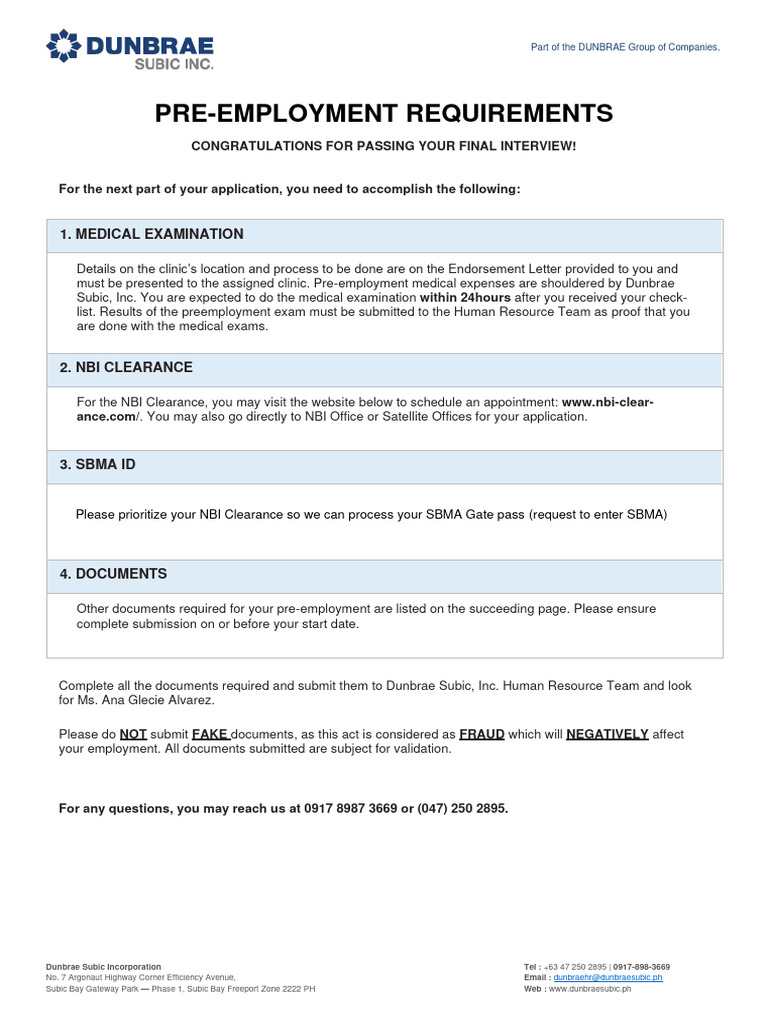 DSI_Pre Employment Requirements | PDF