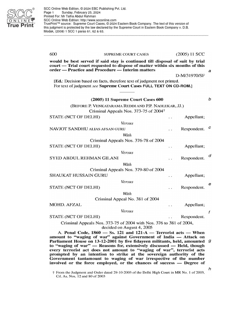 Parliament Attack Case Judgment | PDF | Supreme Court Of India ...