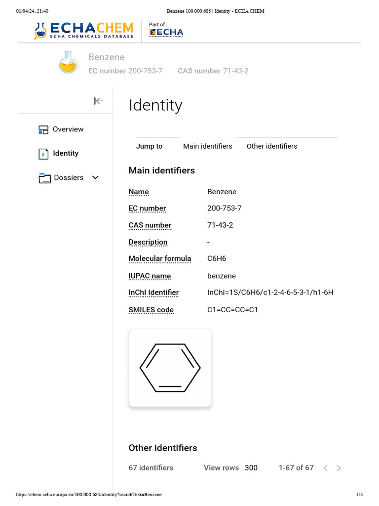 Benzene - Identity - ECHA CHEM | PDF | Benzene | Organic Chemistry