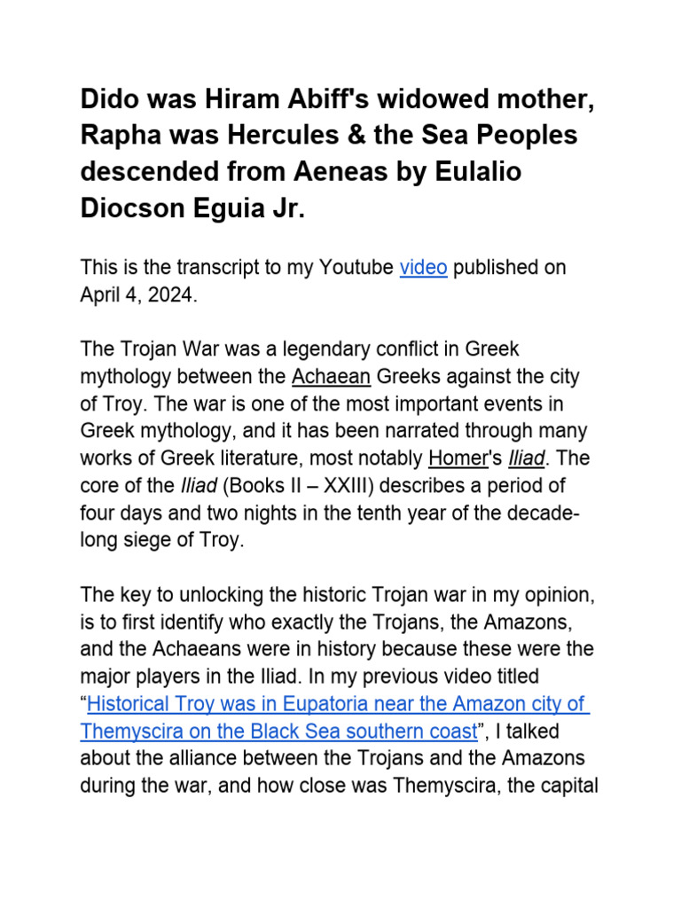 Dido Was The Widowed Mother of Hiram Abiff, Rapha (Father of Goliath) Was Hercules and The Sea ...