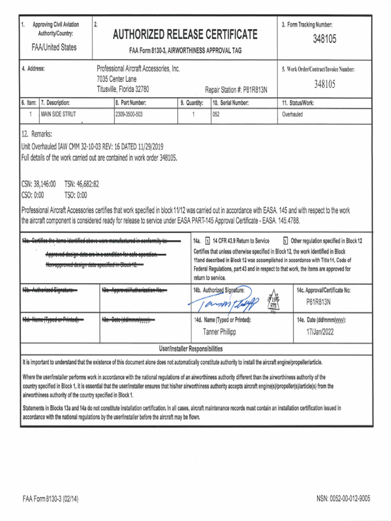 8130 MLG Main Side Strut Assy PN 2309-3500-503 SN 052 | PDF | Landing ...