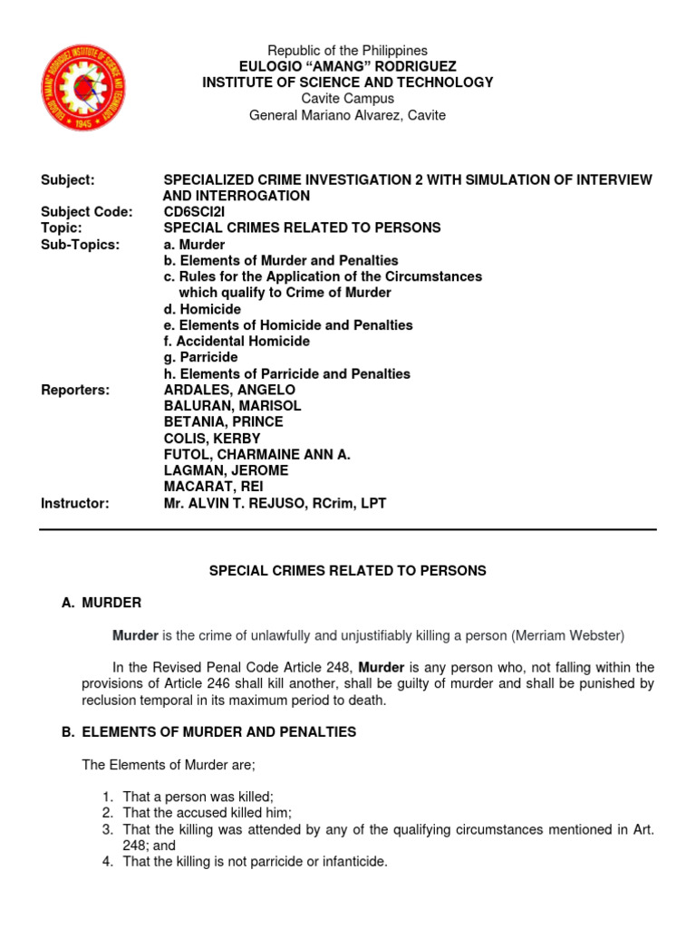 Cd6sci2i 2 Crimes Against Person 1 | PDF | Murder | Homicide