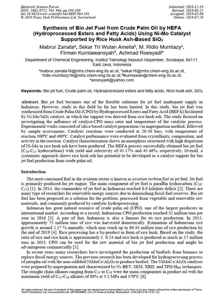 synthesis of bio-jet fuel from CPO by HEFA - zanata2019 | PDF | Silicon ...