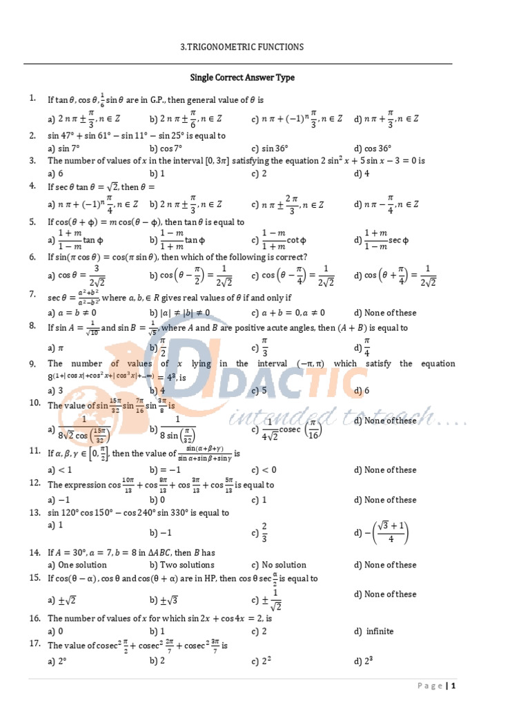 Trigno Jee Worksheet PDF (1) - Watermark | Download Free PDF | Triangle | Trigonometric Functions