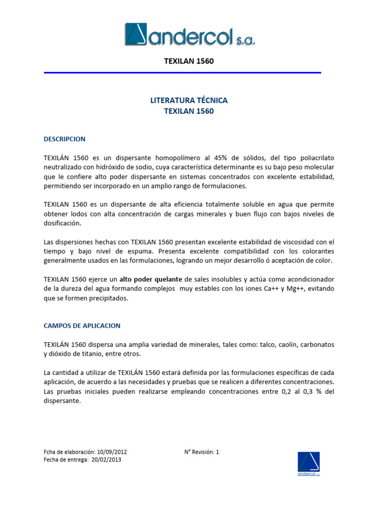 Dispersante Texilan 1560 No Tóxico | PDF | Agua | Minerales