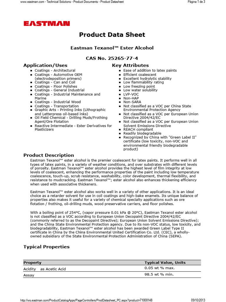 Texanol - Tds (En) | PDF | Paint | Ethanol