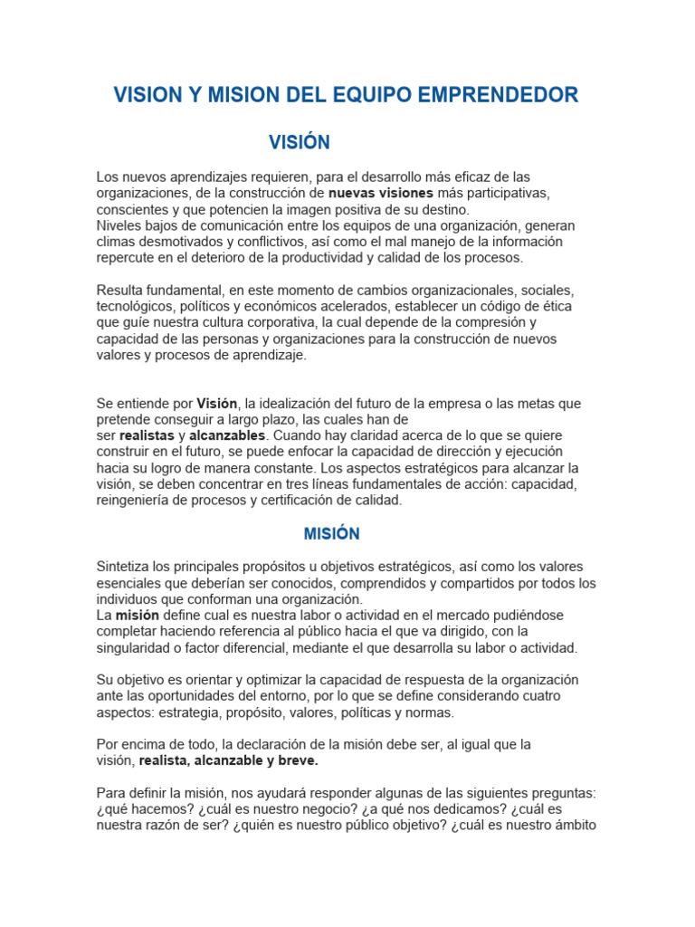 Visión y Misión del Equipo Emprendedor | PDF | Conocimiento ...