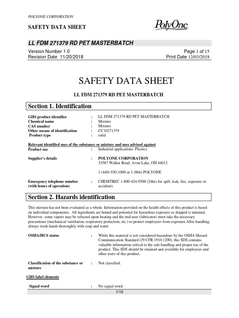 Msds Masterbatch Polyone | PDF | Toxicity | Dangerous Goods