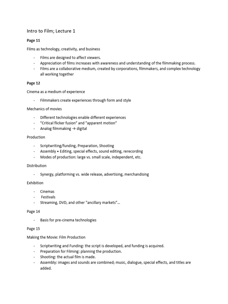 Intro To Film Lecture 1 | PDF | Filmmaking