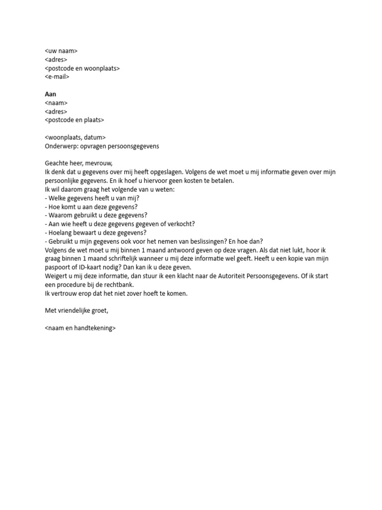 Voorbeeldbrief Opvragen Persoonsgegevens | PDF