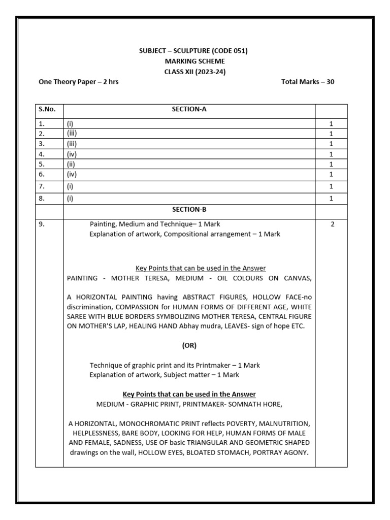 Class XII Sculpture Marking Scheme 2023-24 | PDF | Paintings