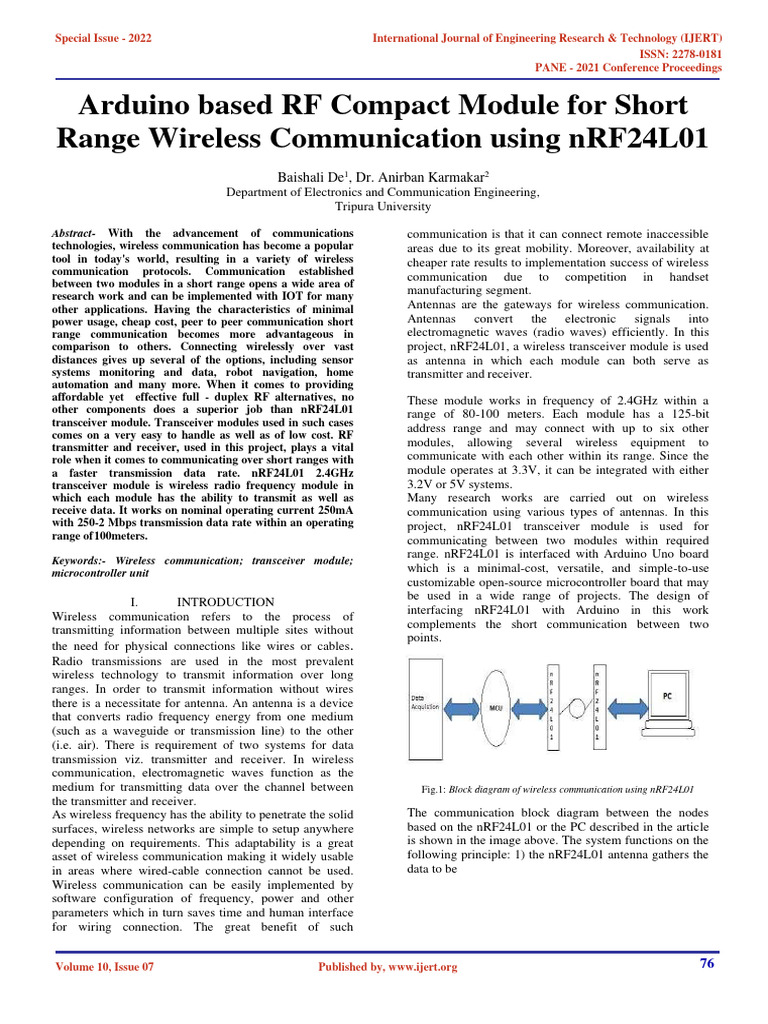 Arduino Based Rf Compact Module For Short Range Wireless Communication