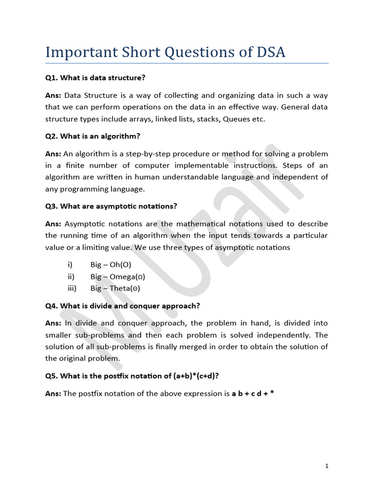 Important Short Questions Of Dsa Pdf Queue Abstract Data Type Algorithms 