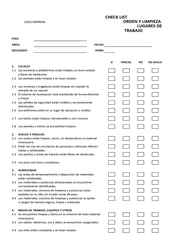 Checklist Orden Y Limpieza Lugares De Trabajo 1 Pdf