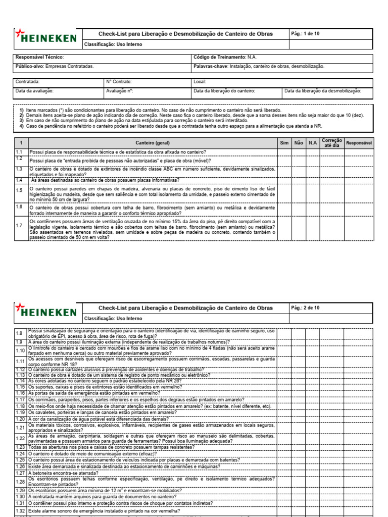 Anexo 14 - Check List - Canteiro de Obras NR 18 | PDF | Desperdício ...