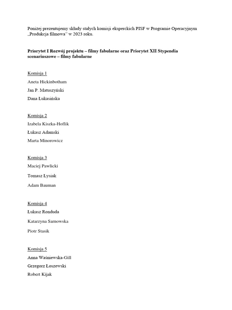 Sklady Stalych Komisji Eksperckich PISF 2023 | PDF