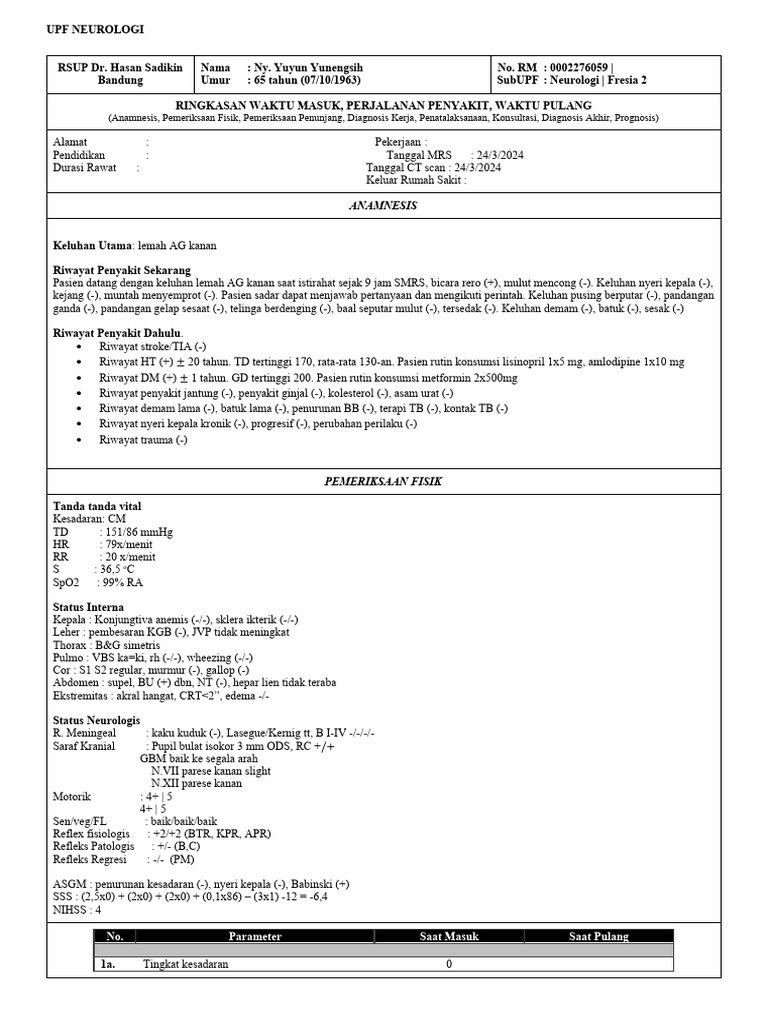 Ny. Yuyun - 0002276059 - Stroke Ec Infark AT DD TE Sistem Karotis Kiri FR HT DM Dislipidemia | PDF