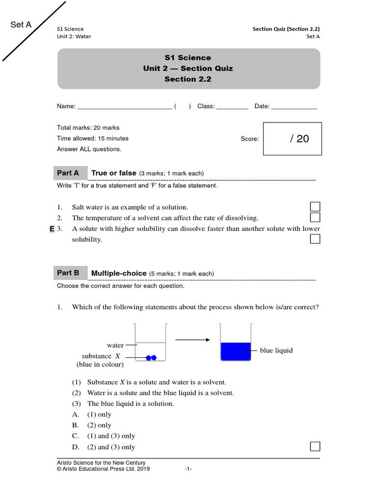 Scicent SQ U2 2 SetA Final e | PDF | Solubility | Water