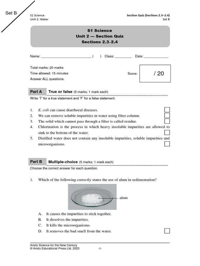 Water Purification Quiz: S1 Science | PDF | Water Purification | Filtration