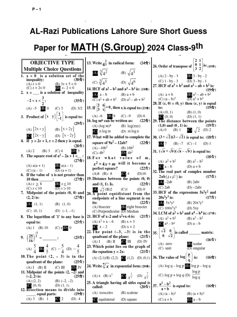 AL-Razi Guess Paper Math E - M (S - Group) 9th | PDF | Mathematical ...