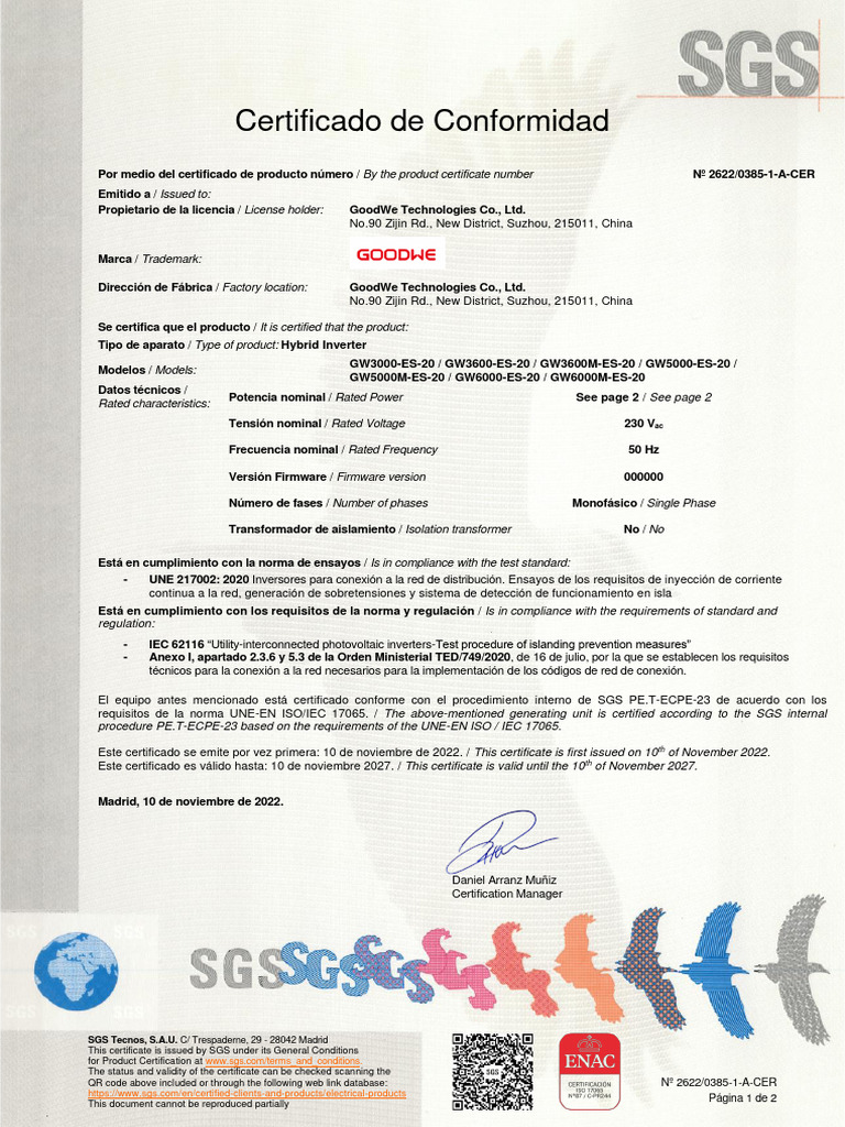 GW - ES G2 - Certificate-IEC62116, UNE217002 | Descargar gratis PDF ...