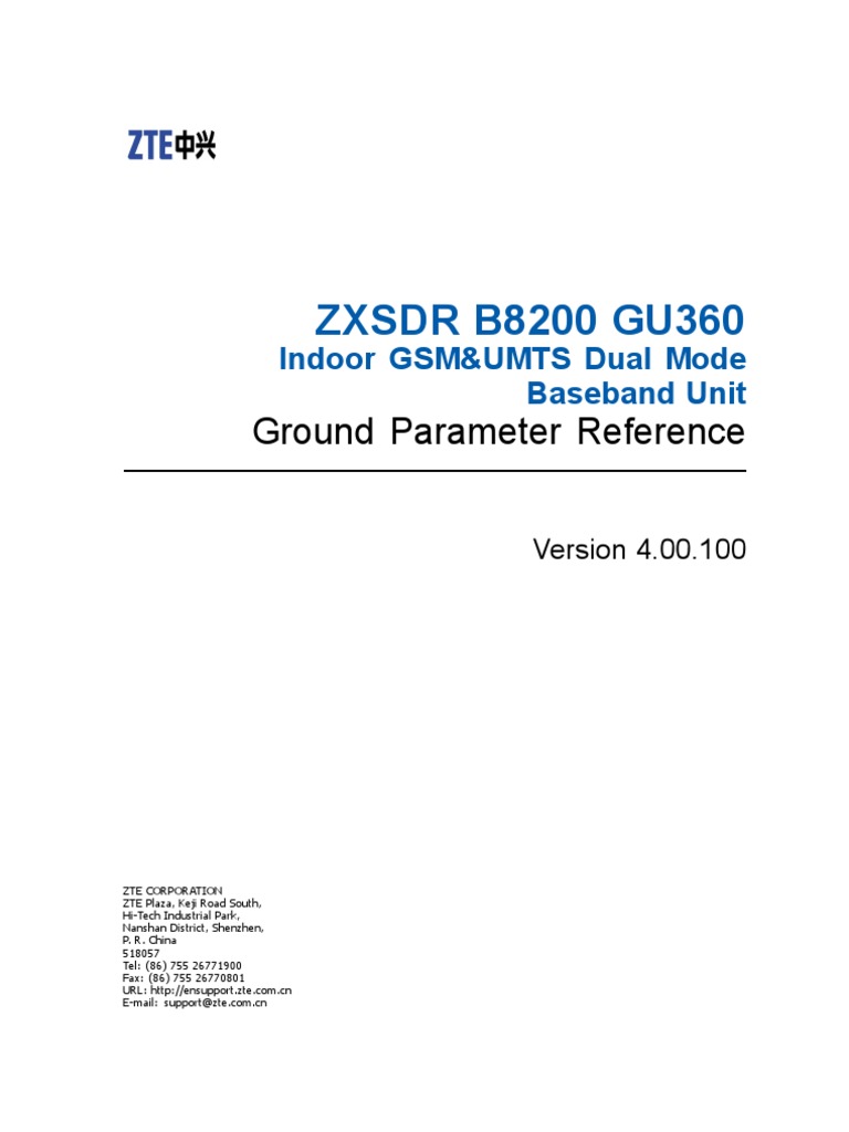ZXSDR B8200 GU360 (V4.00.100) Indoor GSM&UMTS Dual Mode Baseband Unit Ground Parameter Reference ...