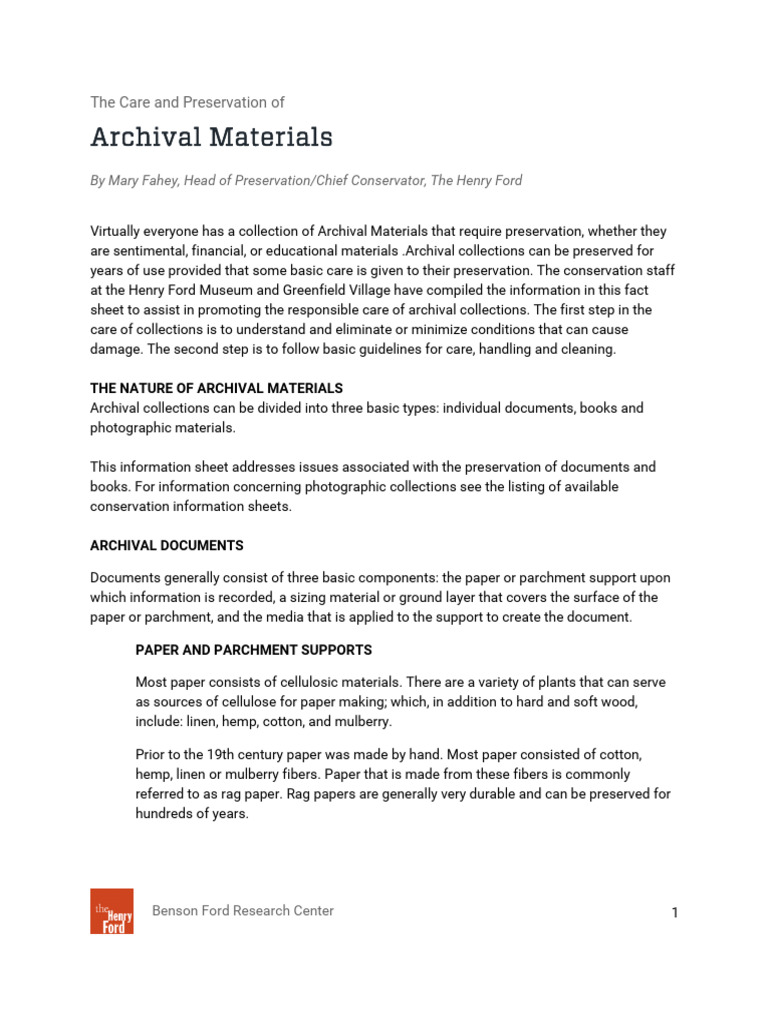 The Henry Ford Archival Materials Conservation | PDF | Paper | Ultraviolet