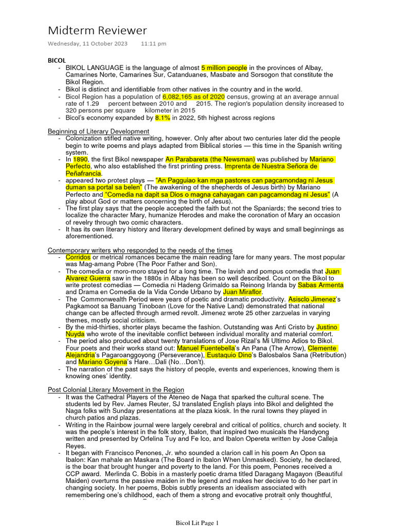 Bicol Lit Midterm Reviewer | PDF Bicol Lit Midterm Reviewer | PDF