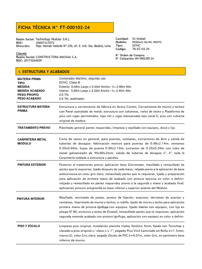 3ficha Técnica #FT-000102-24 - Dma-Módulo SS - Hh. Mixto 20 HC | PDF | Enchufes y tomas de ...