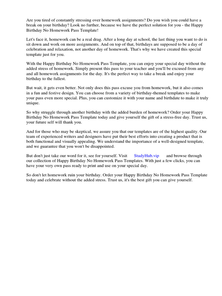 Happy Birthday No Homework Pass Template | Download Free PDF | Safari ...