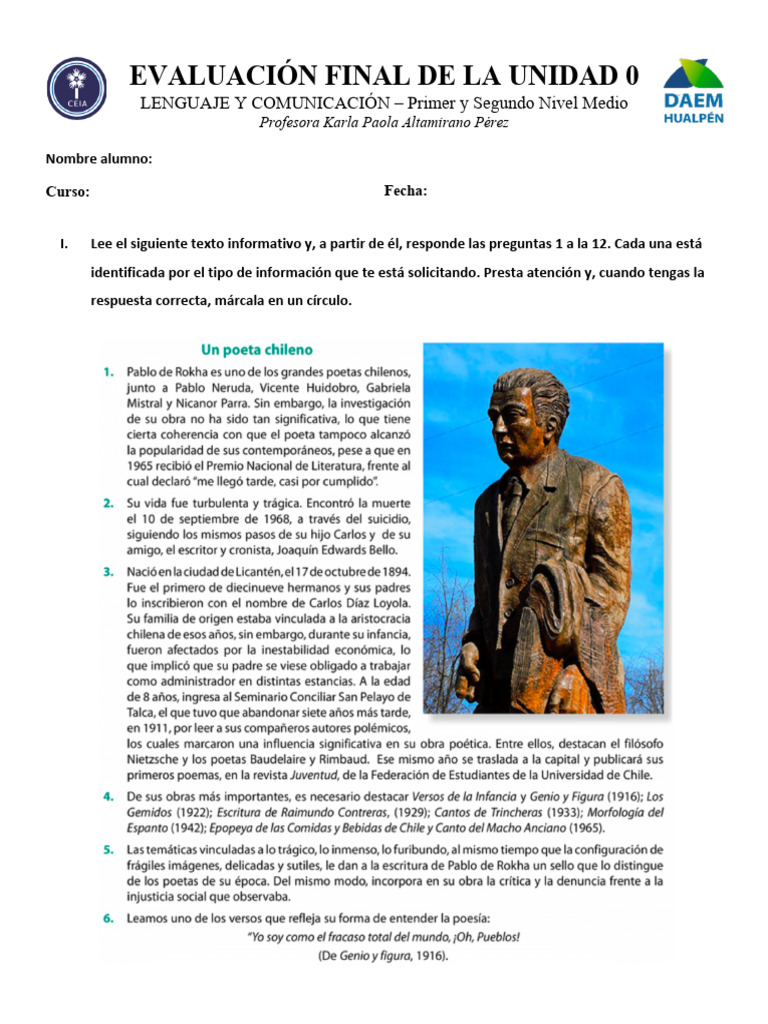 Evaluación de Lenguaje y Comunicación | PDF | Gabriel García Márquez