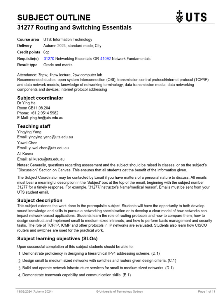 Routing and Switching Essentials Subject Outline 2024 Autumn | PDF ...