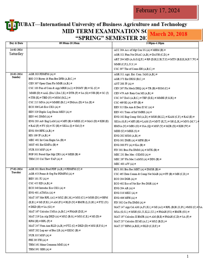 Spring 2024 Mid Term Examination Schedule | PDF