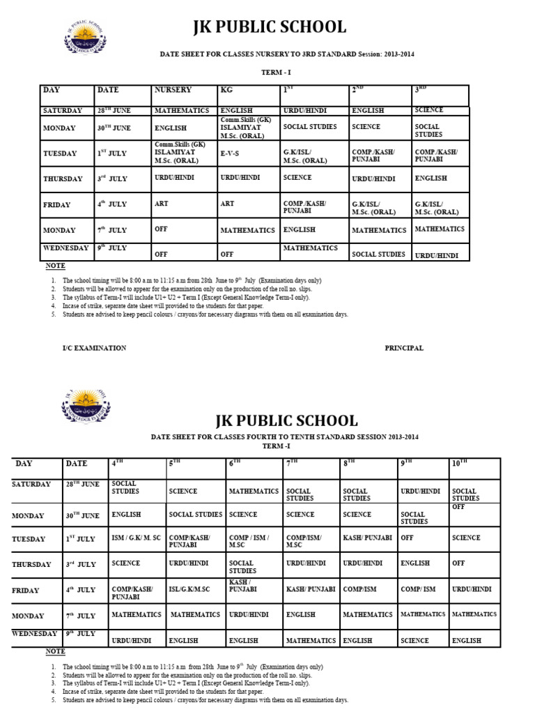 Date Sheet For Classes Nursery To 3rd Standard Session | PDF