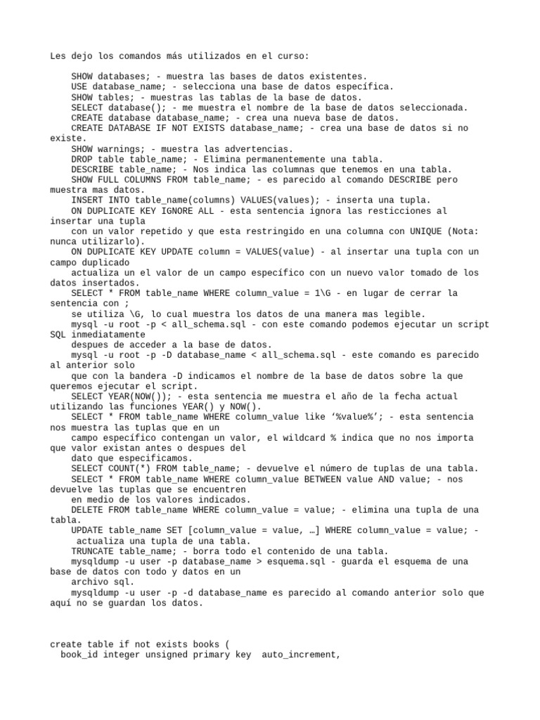 Comandos SQL Esenciales para Bases de Datos | PDF | SQL | Informática