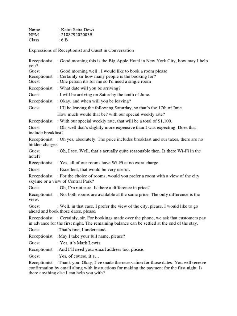 Hotel Booking Conversation Example | PDF
