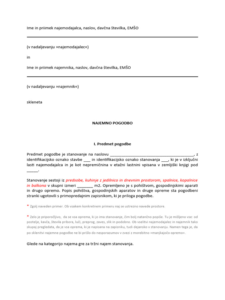 Najemna Pogodba Vzorec | PDF