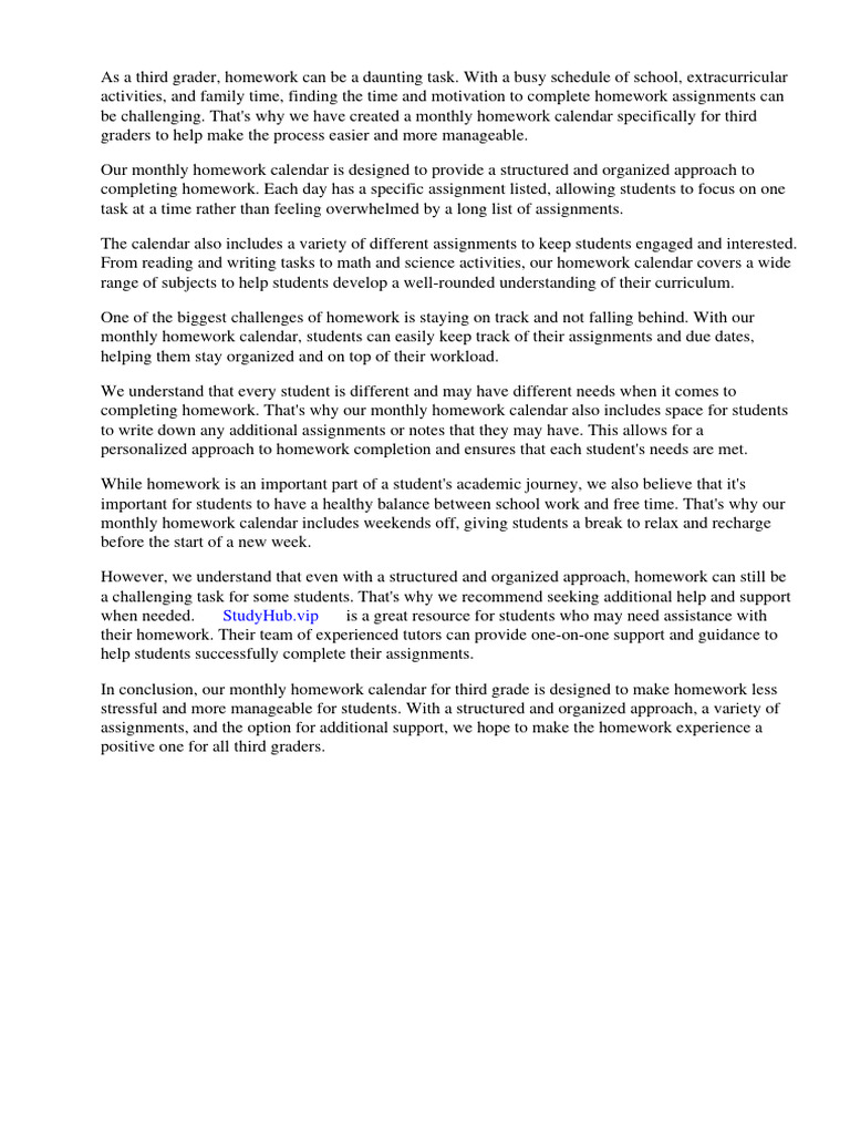 Monthly Homework Calendar Third Grade | PDF | Homework | Reading ...