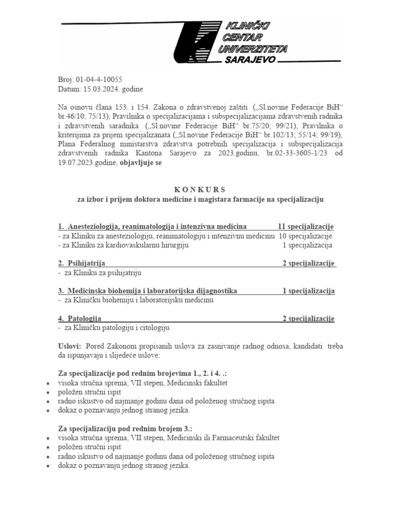Konkurs Specijalizanti Anest Psih. Biohem | PDF