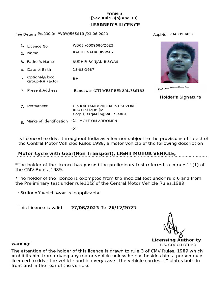Learner'S Licence: Form 3 (See Rule 3 (A) and 13) | PDF