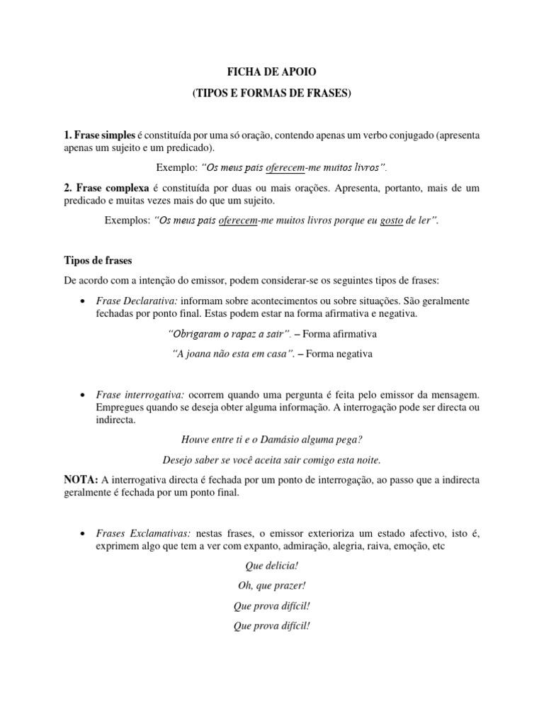 FICHA DE APOIO, tipos e formas de frase | PDF | Assunto (gramática ...